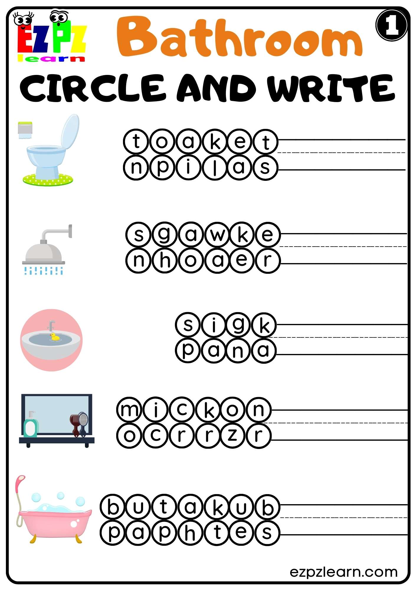 Bathroom Write the Words Worksheet for ESL and K5 Kids PDF Download Set 2 - Ezpzlearn.com